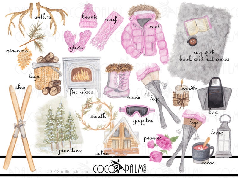 WINTER CLIPART BUNDLE, Winter Fashion Clipart, Watercolor Clipart, Ski ...