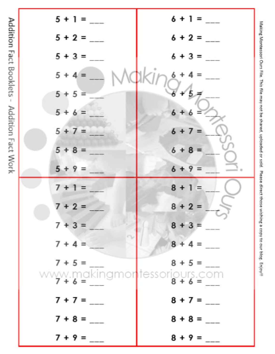 Montessori Addition Fact Memorization Material Package/ Math Tables ...