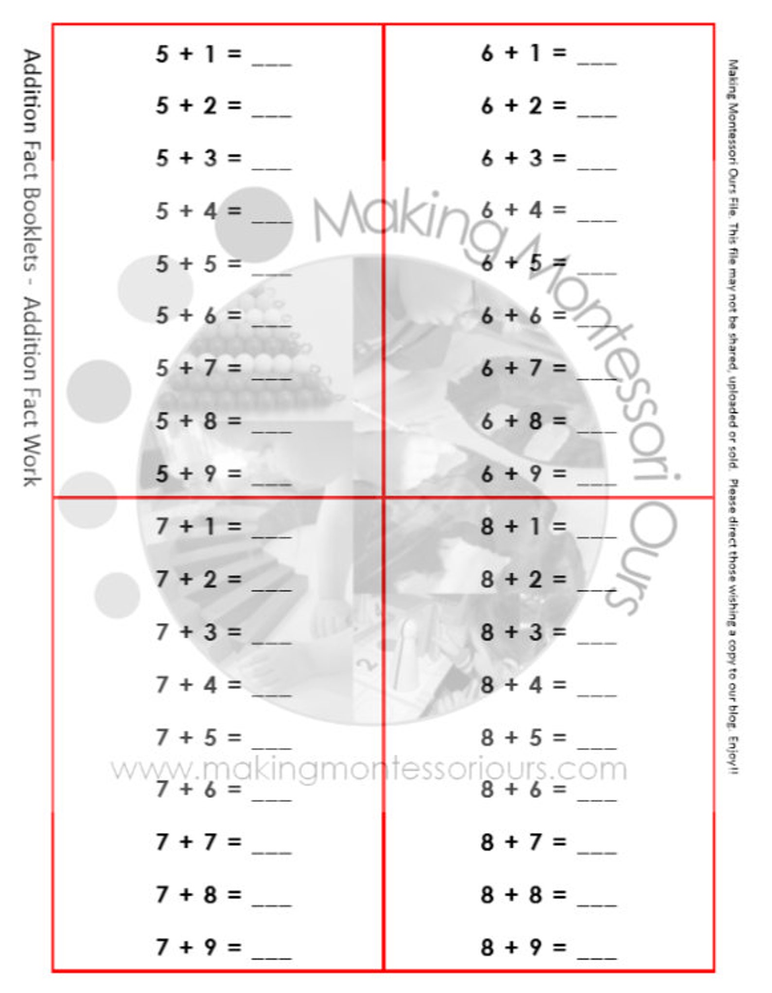 Montessori Addition Fact Memorization Material Package/ Math Tables ...