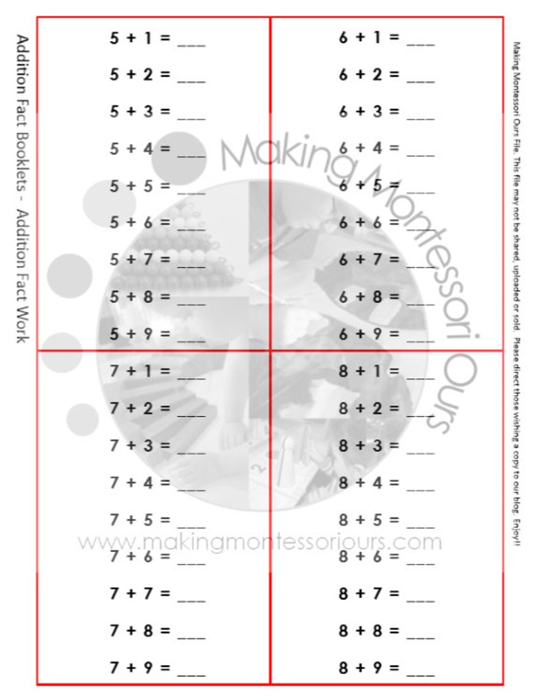 Montessori Addition Fact Memorization Material Package/ Math Tables ...