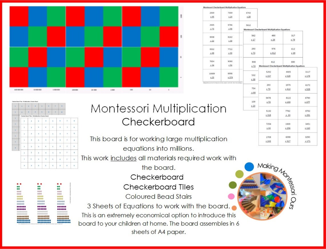 Montessori Multiplication Checkerboard Tiles Beads and - Etsy Canada