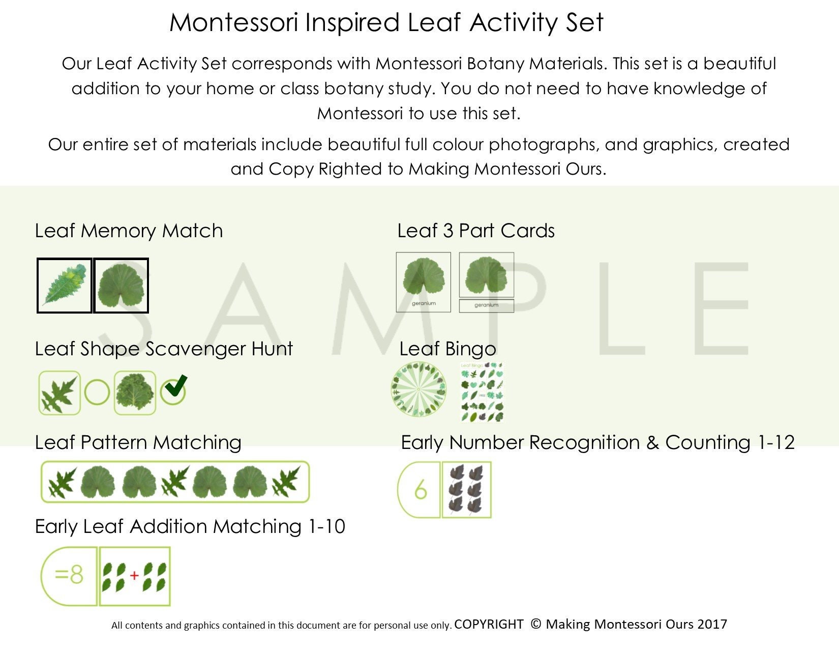 Montessori Leaf Activity Set PDF, Memory Match, 3 Part Cards, Pattern ...