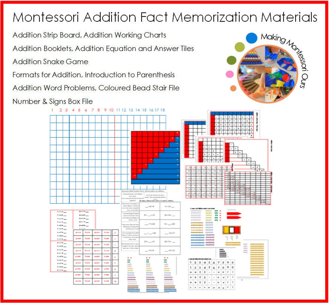 Montessori Addition Fact Memorization Material Package/ Math Tables ...