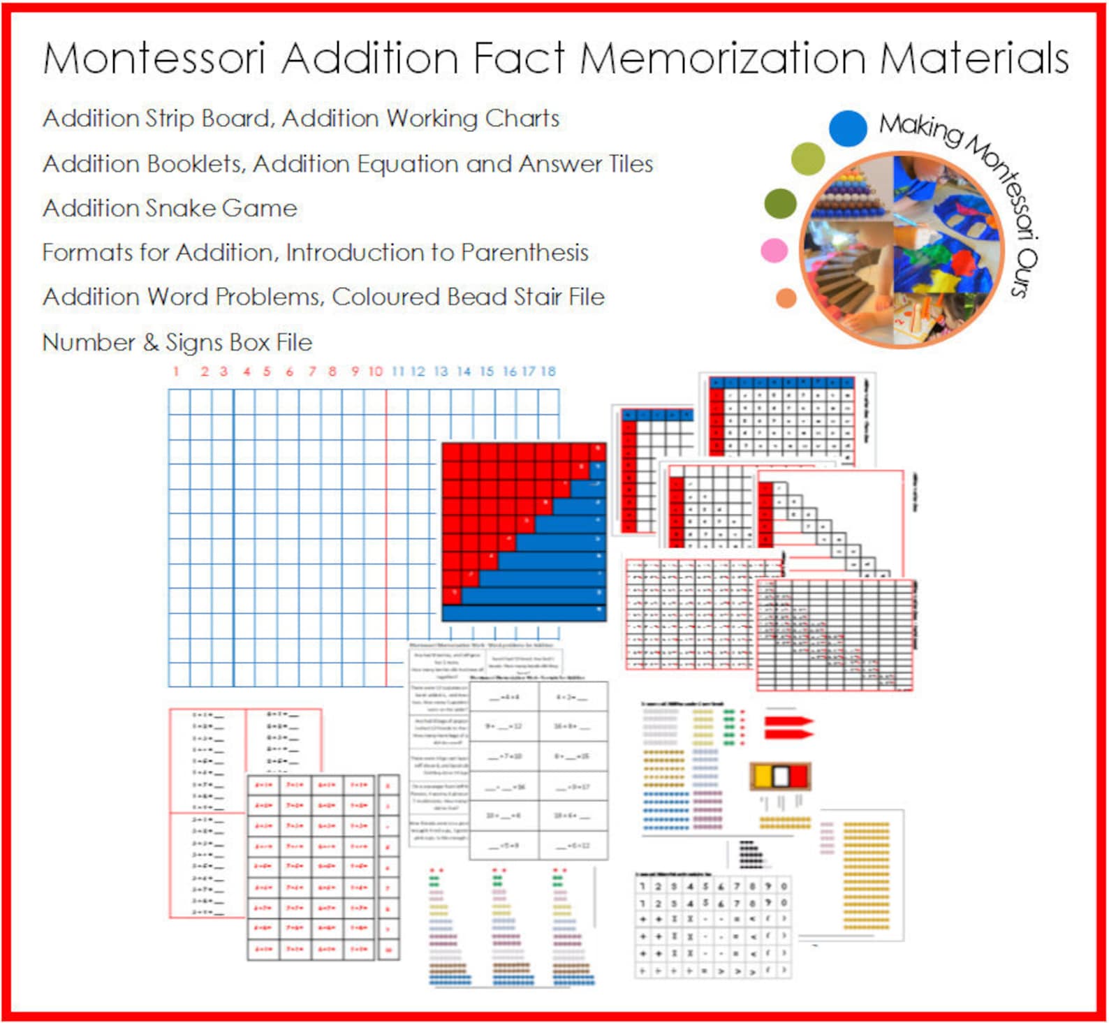 Montessori Addition Fact Memorization Material Package/ Math Tables ...