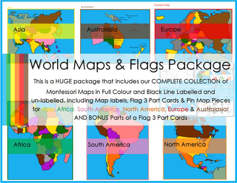 Montessori World Continent Maps, Flag 3 Part Cards & Pin Map Pieces ...