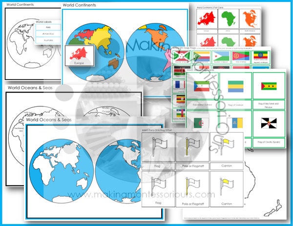 Montessori World Continent Maps, Flag 3 Part Cards & Pin Map Pieces ...
