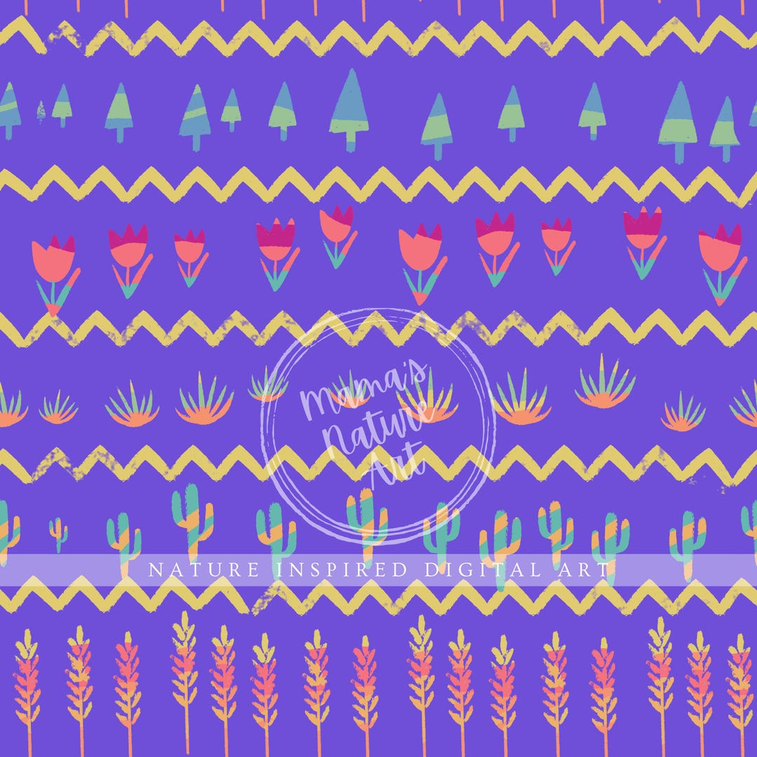 Southwest Desert Tribal Cactus Aztec Purple Seamless Pattern Digital ...