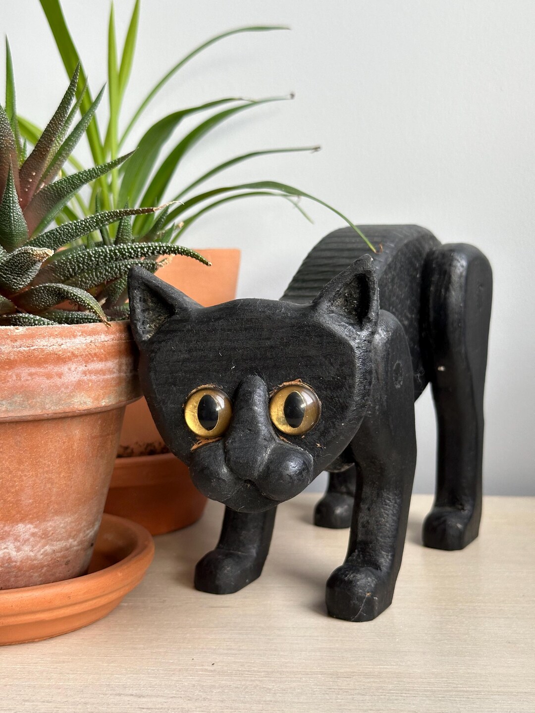 Hand Carved Wooden Black Cat Statue, Vintage Black Cat Figurine ...