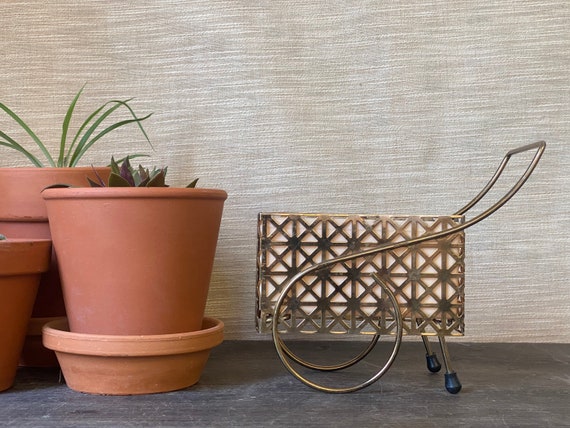 Gold Metal Cart Planter MCM Gold Punched Metal Planter - Etsy