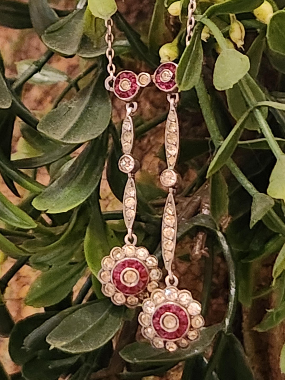 Antique 800 Silver Lavalier Necklace: Edwardian Ruby Paste Double Drop ...