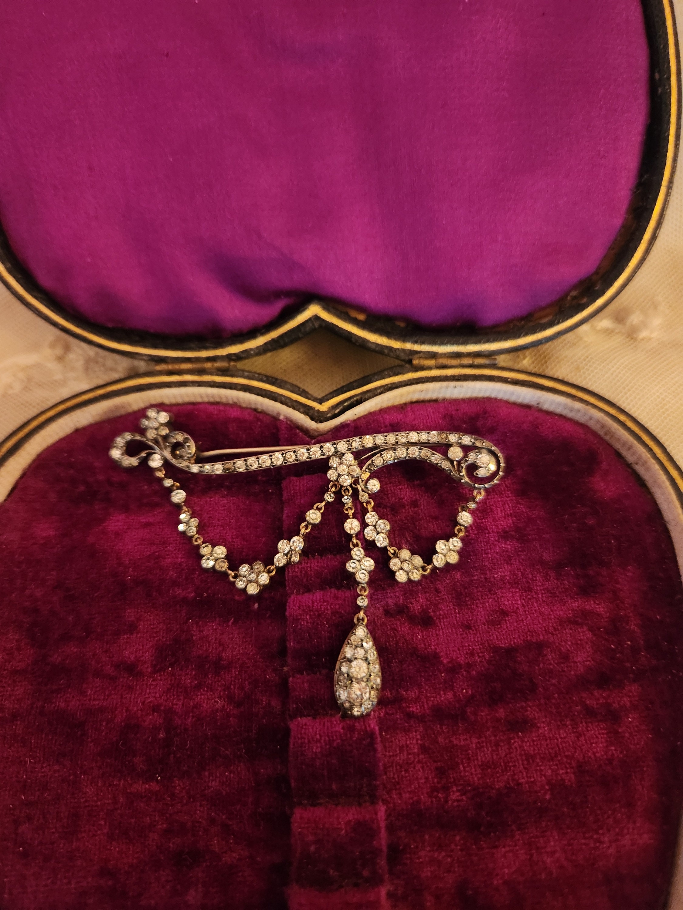 Antique Edwardian Clear Paste Stones Bow Brooch With Swags and Center ...