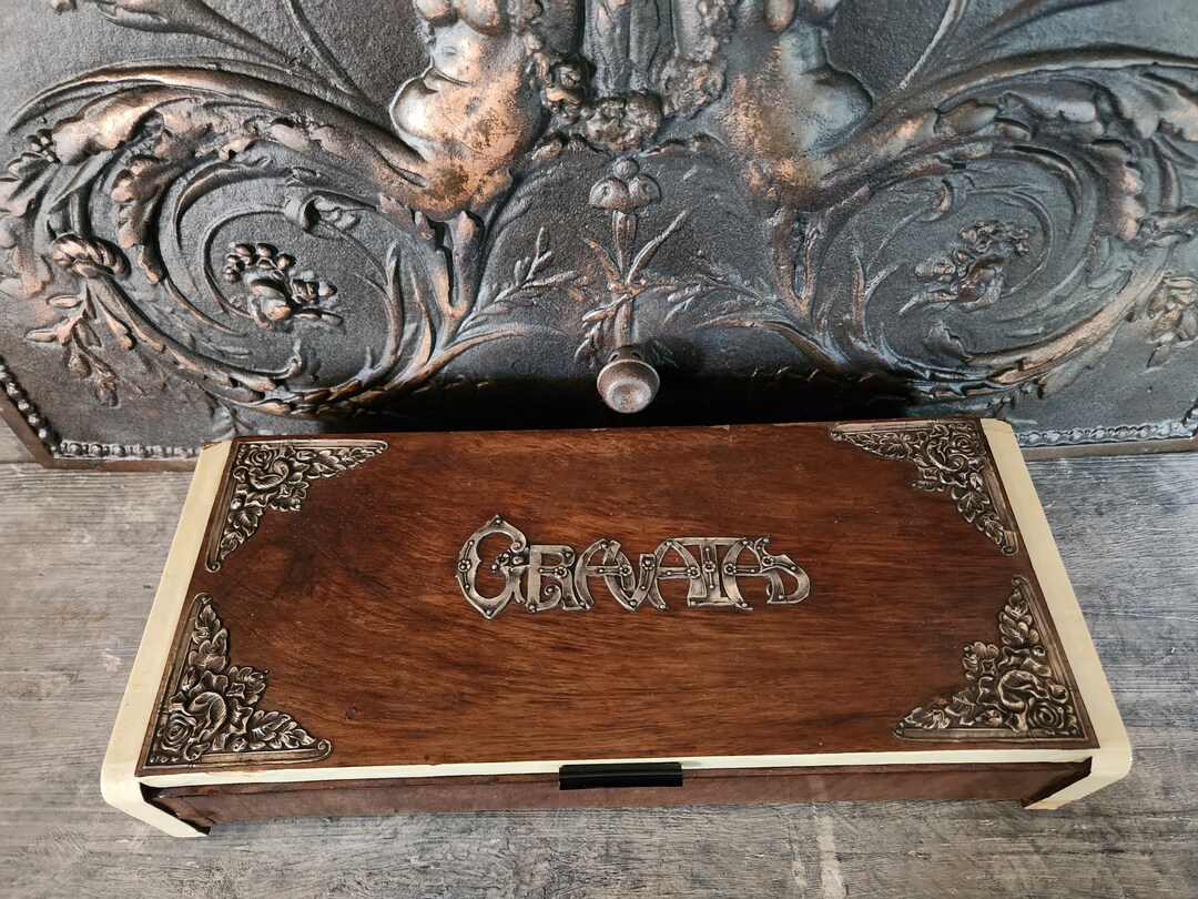 Antique Wooden Necktie Storage Box With Silver Mounts and Silver Label ...