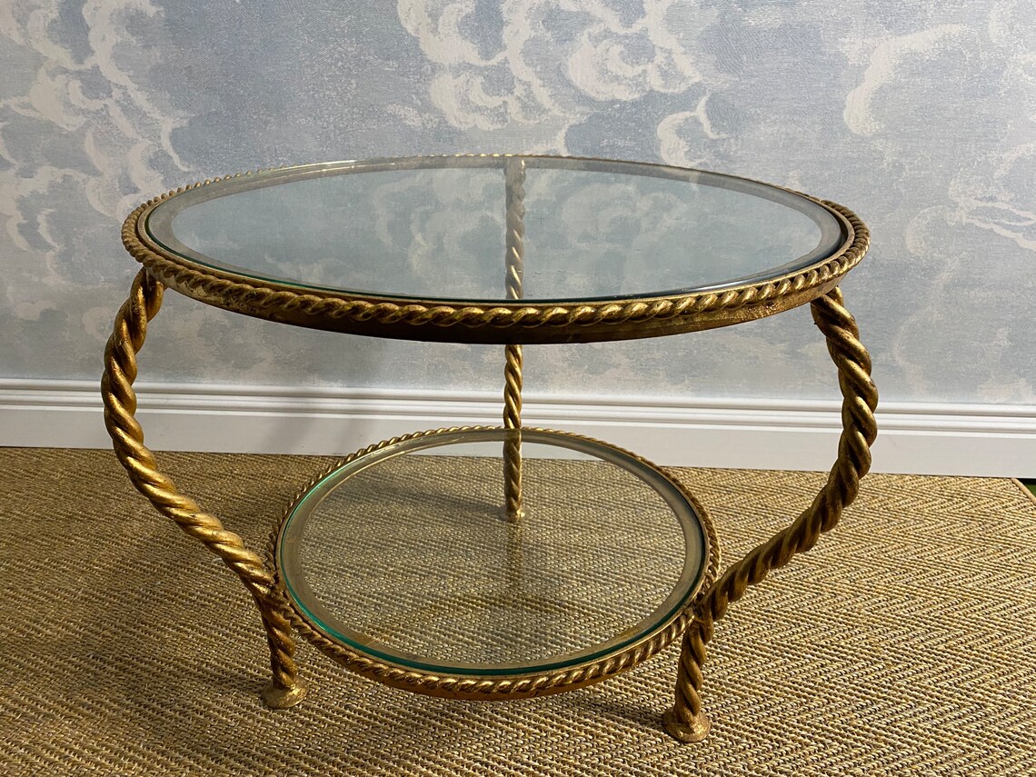 Li Puma Hollywood Regency Roped Gilt Metal Round Side Table Italy 1960 ...