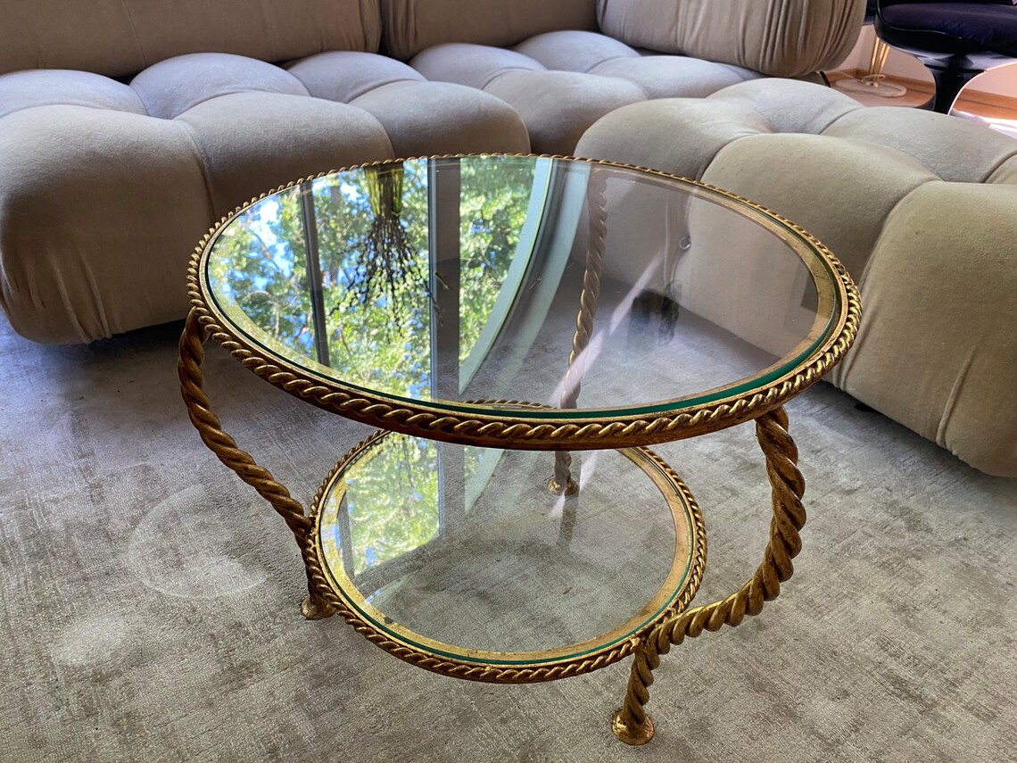 Li Puma Hollywood Regency Roped Gilt Metal Round Side Table Italy 1960 ...