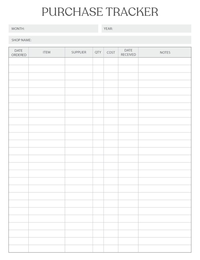 Purchase Tracker Printable Digital File - Etsy Canada