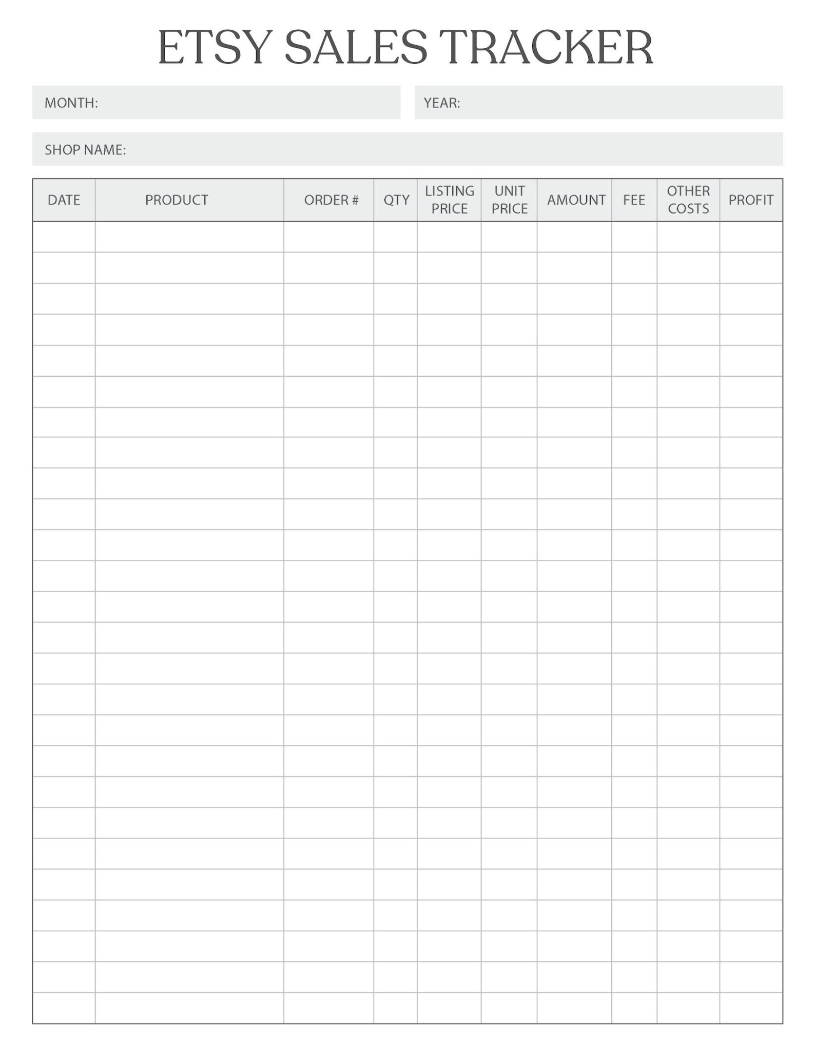 Etsy Sales Tracker Printable Digital File - Etsy