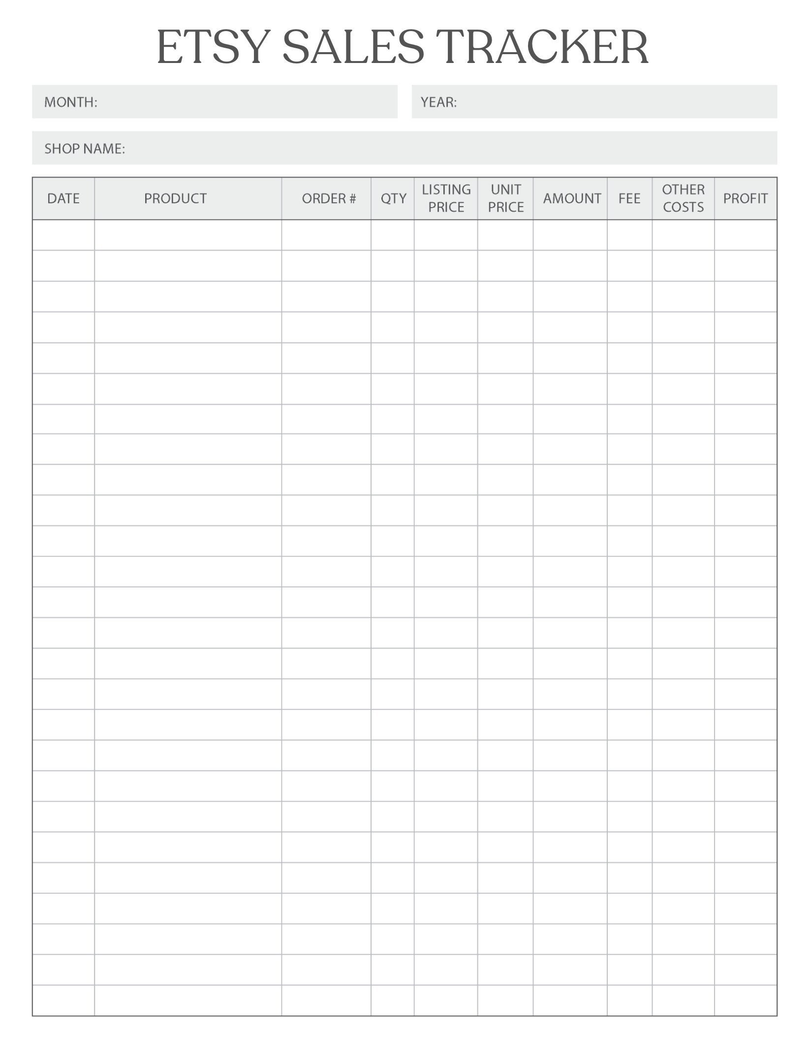 Etsy Sales Tracker Printable Digital File - Etsy