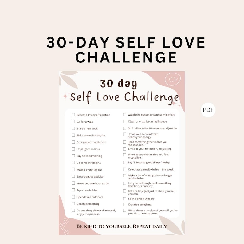 30 Day Self Love Challenge Printable PDF | Certificate Included - Etsy