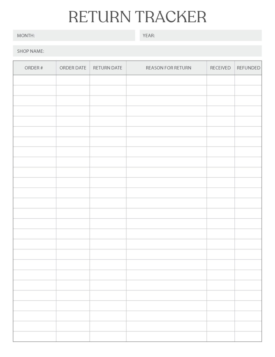 Return Tracker Printable Digital File - Etsy