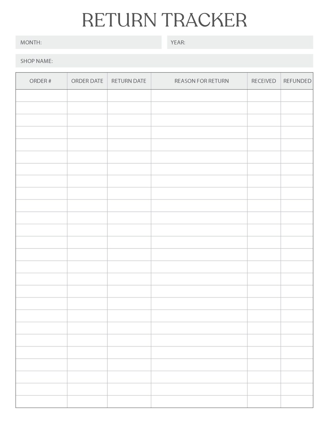 Return Tracker Printable Digital File - Etsy