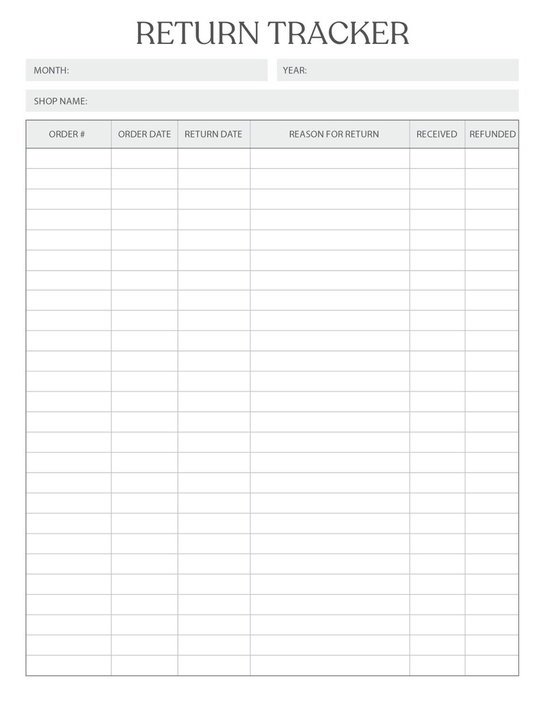 Return Tracker Printable Digital File - Etsy