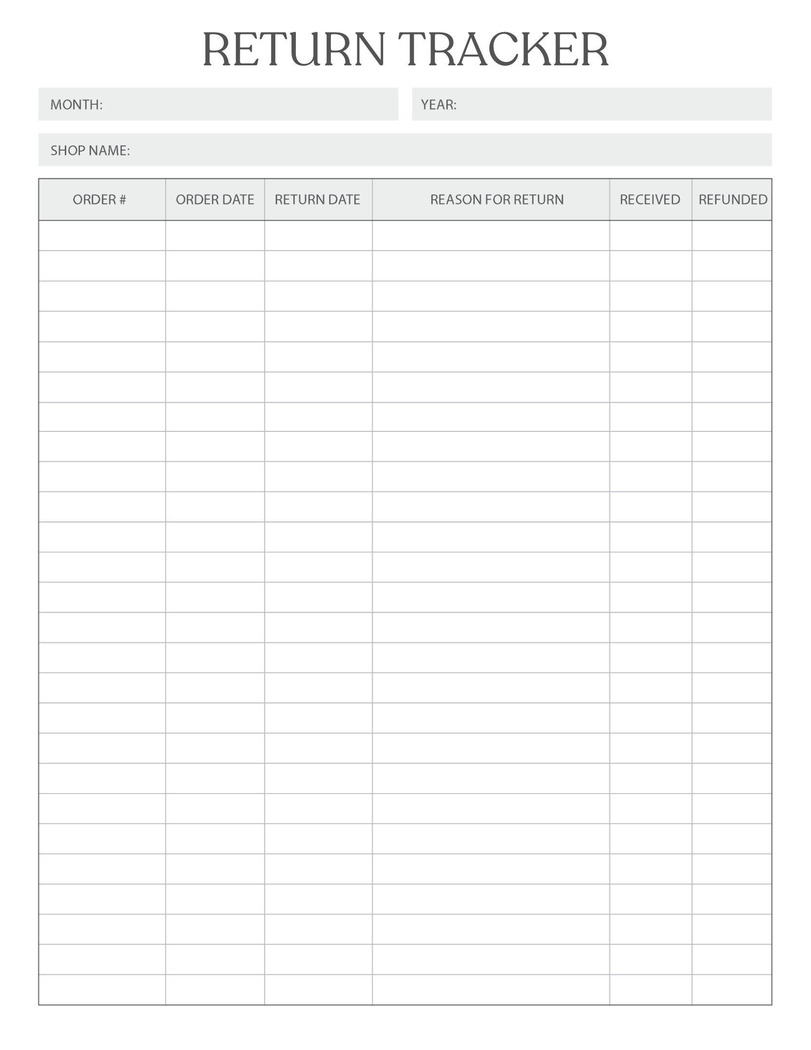 Return Tracker Printable Digital File - Etsy