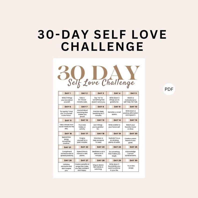 30 Day Self Love Challenge Printable PDF | Certificate Included - Etsy