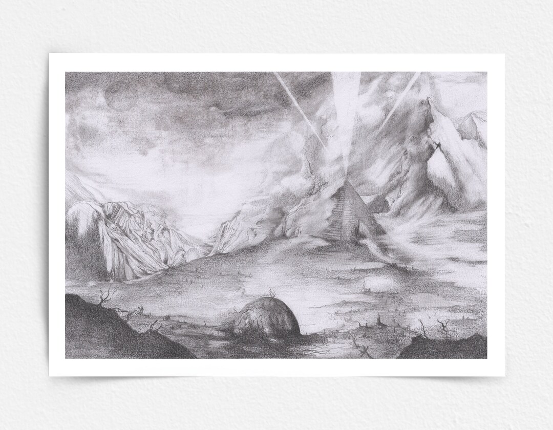 Surrealistic Landscape Drawing Mountains, Pyramid With Flashes and ...