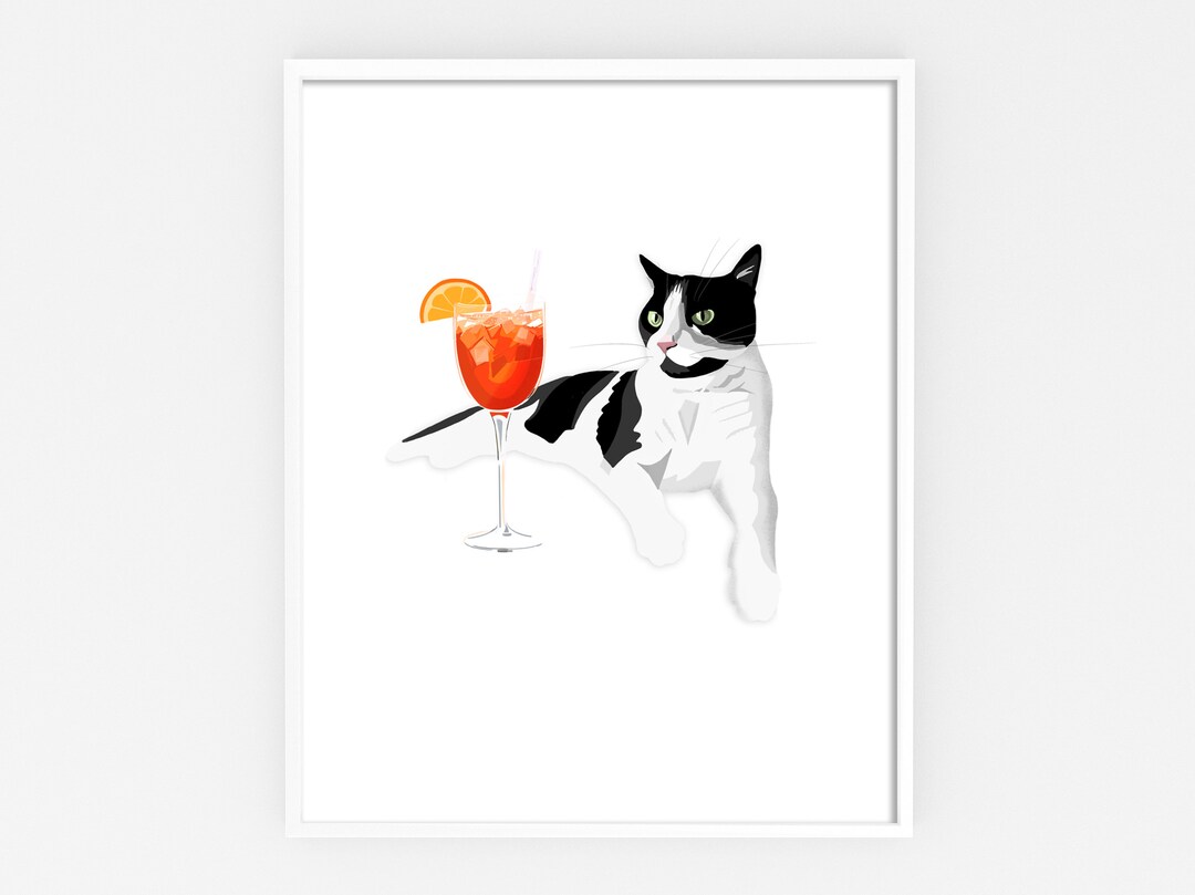 Cocktail Cat Print Black and White Cat With an Aperol Spritz - Etsy