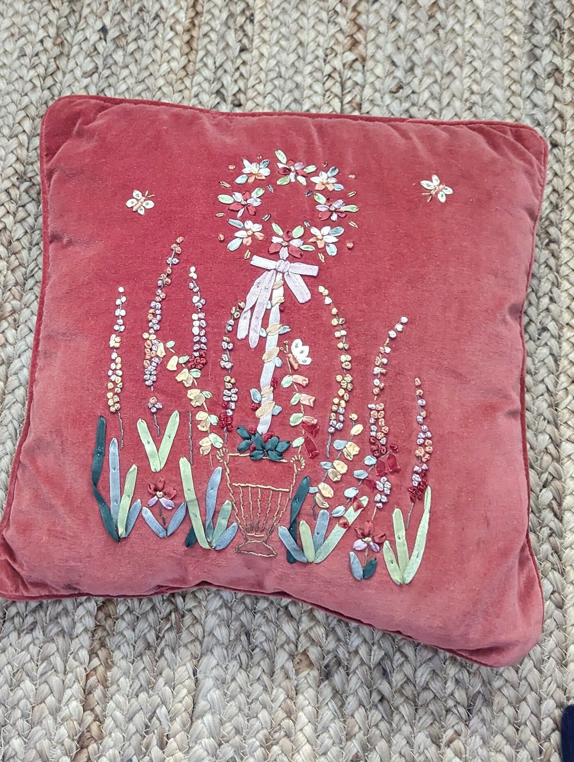 Ribbon Pillow Hand Stitched Floral Vintage on Velvet 15in - Etsy