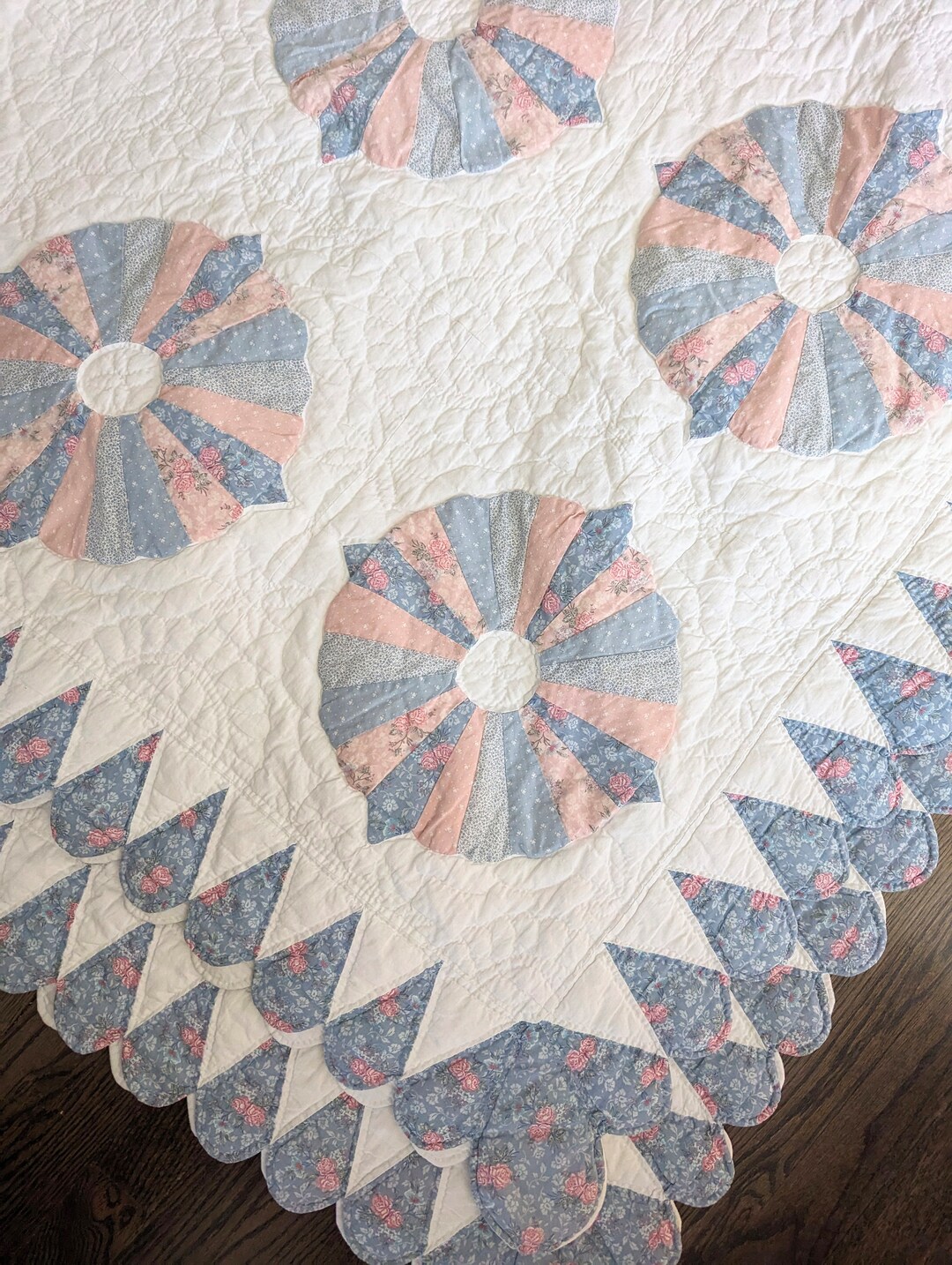 Hand Quilted Quilt White Blue Pink Calico 84x94 Queen Full Dresden ...