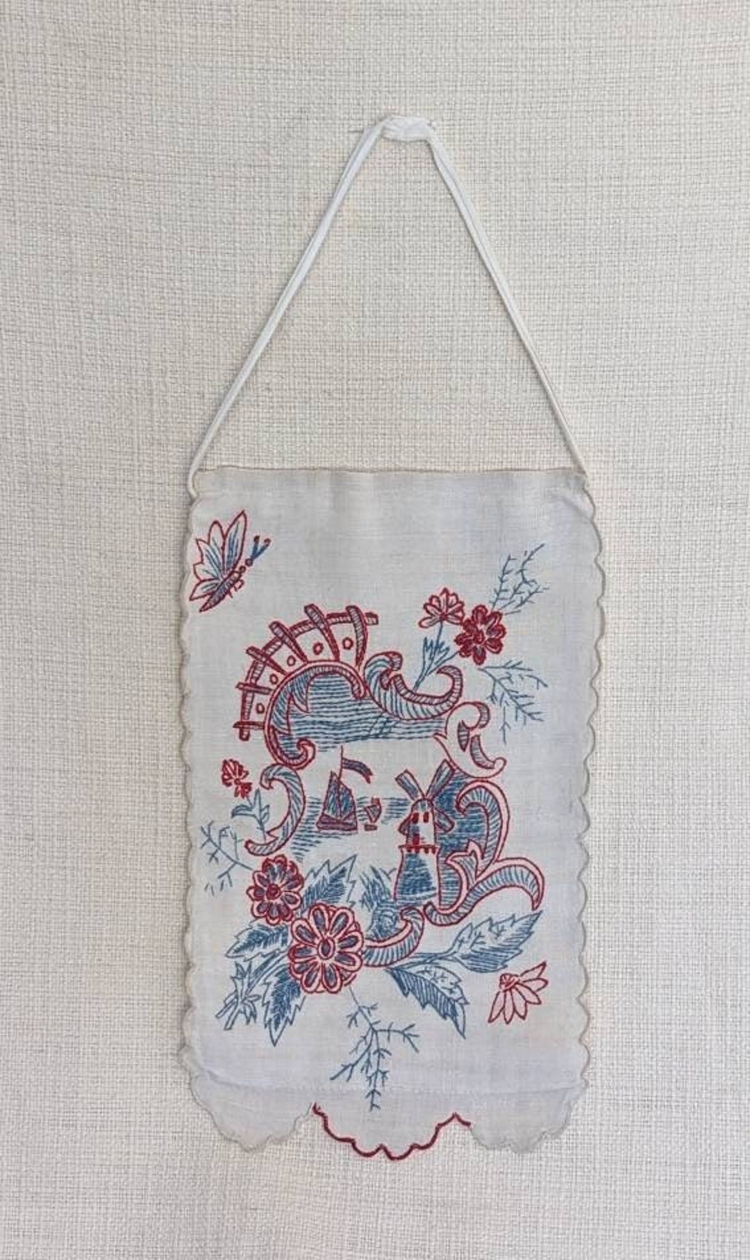 Vintage Dutch Embroidery Linen Blue Red Windmill Flowers Sailboat 9 X ...