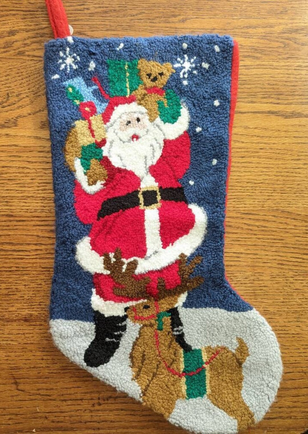 Needlepoint CHRISTMAS STOCKING Santa With Gift Bag and Reindeer 18 X 9 ...