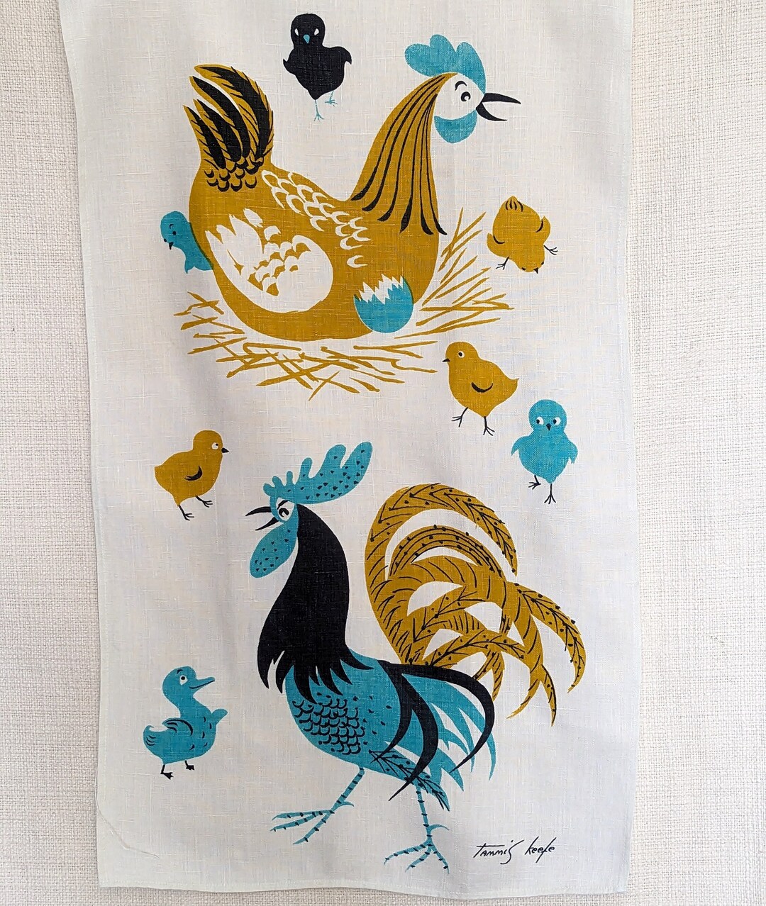 Vintage Tammis Keefe ROOSTER HEN Towel Gold Turquoise - Etsy