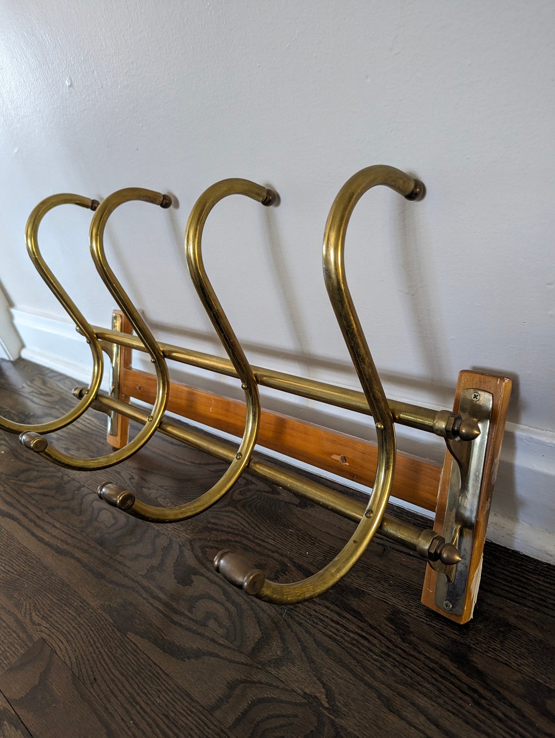 Brass Wall Mount Coat Hat Rack Vintage Four Hook Large 16in X 27in ...