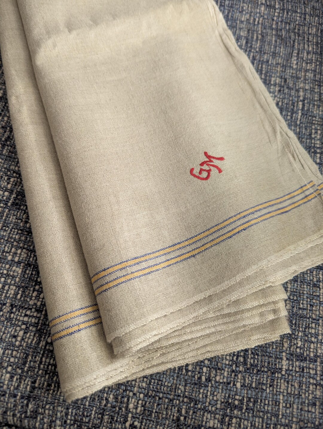 Vintage French Mangle Linen Cloth Monogram GM Stripes Navy Yellow ...