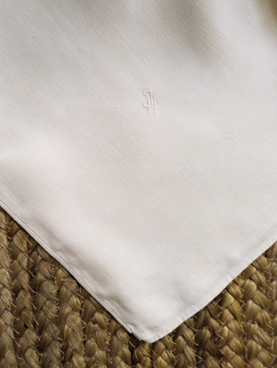 Pure Linen Tablecloth Antique Solid White 48x88 Inch JH Monogram Center ...