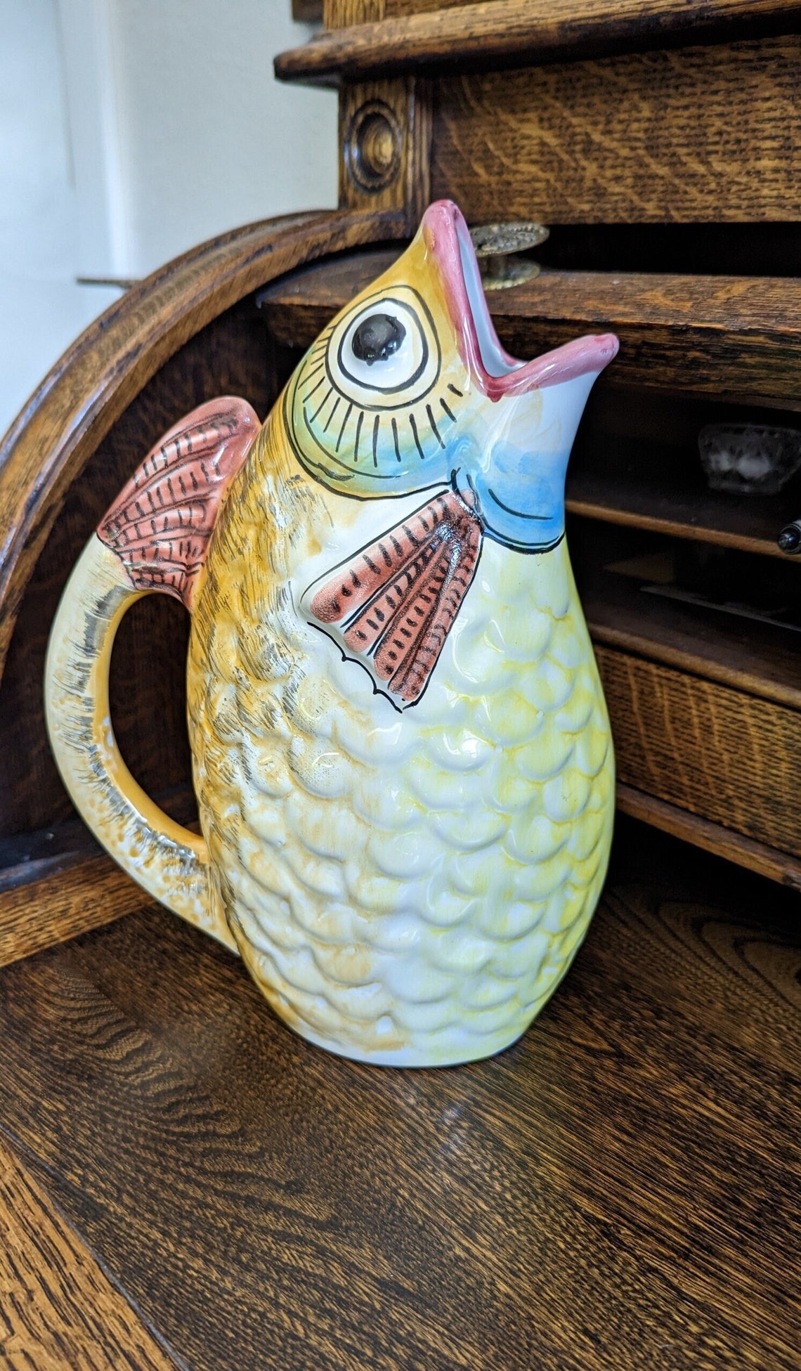 Whimsical Ceramic Fish Pitcher: Colorful Beach Cottage Vase (10.5in) - Etsy