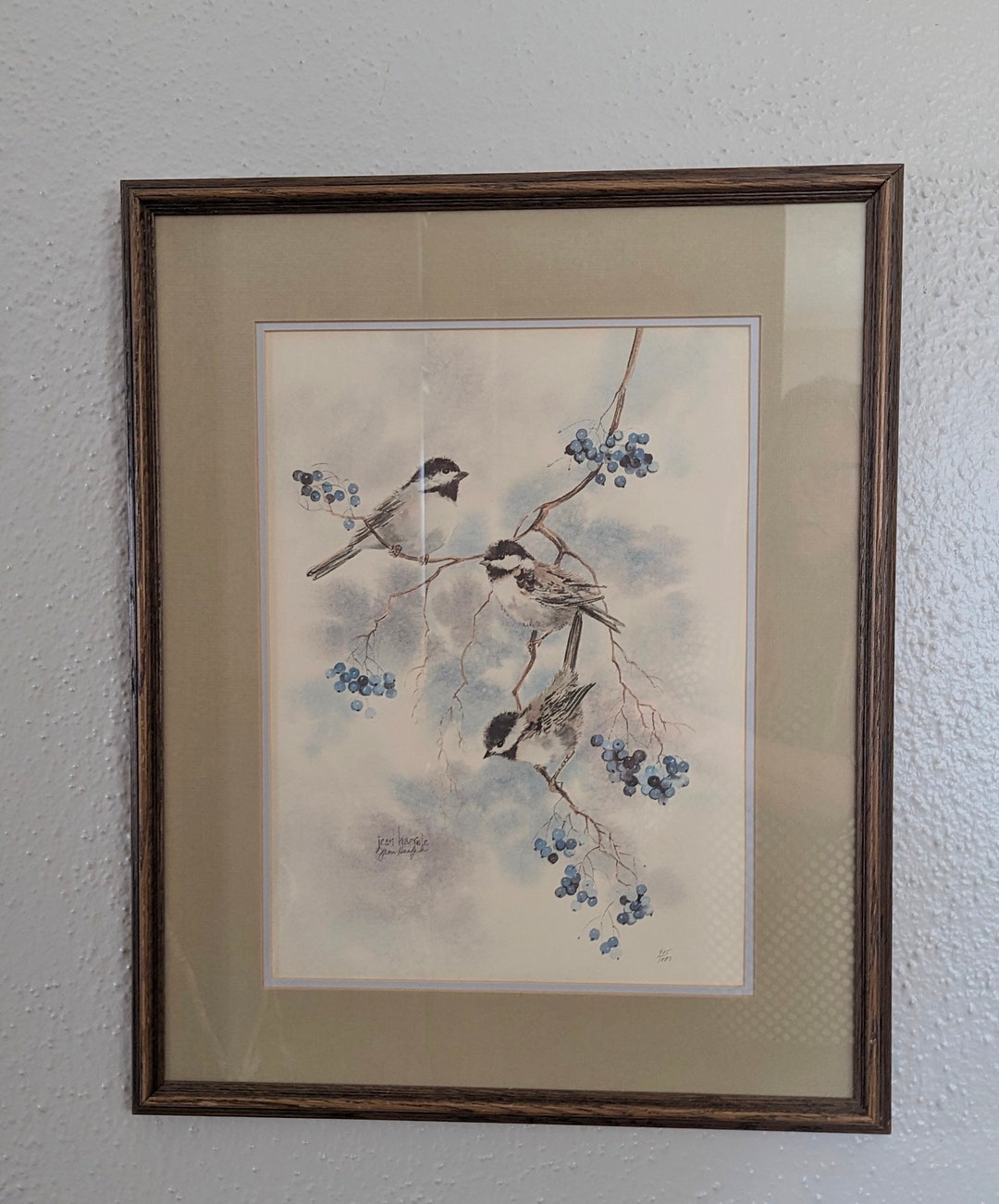 Vintage Framed Jean Haefele Watercolor Lithograph Chickadees Limited Ed ...