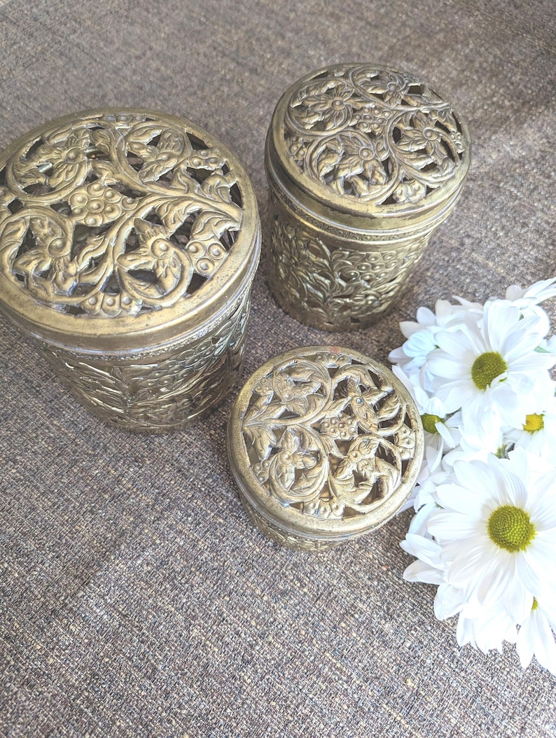 Three Piece Hand Carved Brass Toned Metal Trinket Box Container ...