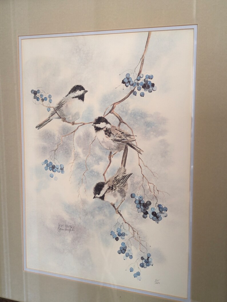 Vintage Framed Jean Haefele Watercolor Lithograph Chickadees Limited Ed ...