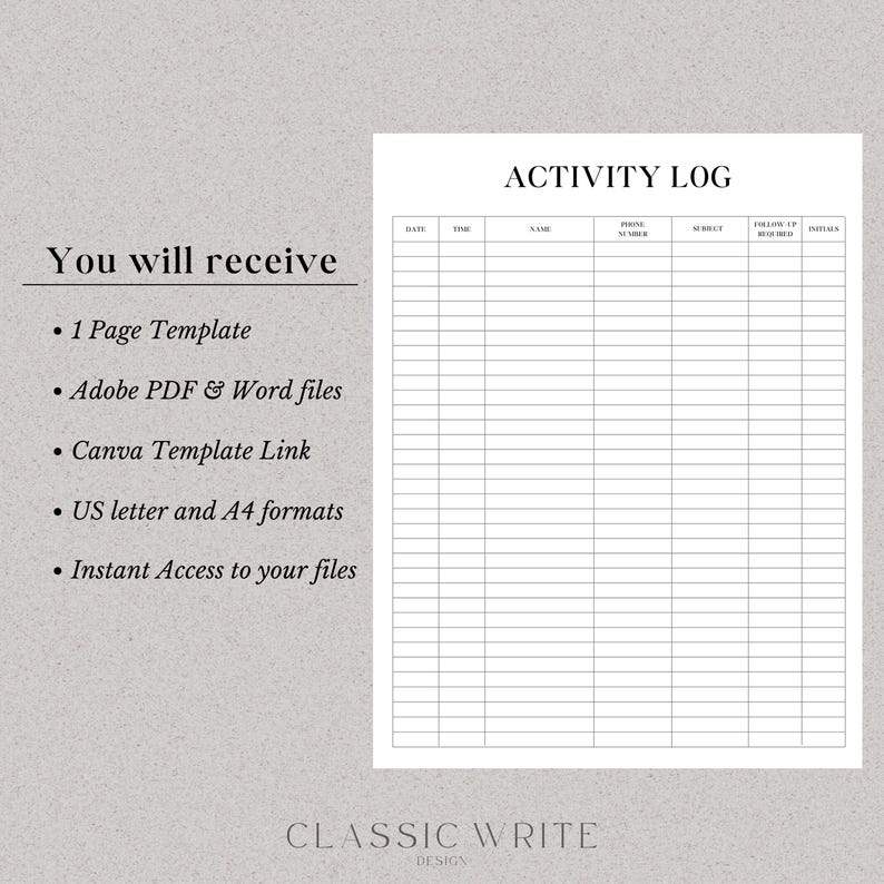 Activity Log Activity Phone Log Tracker Template Activity and Follow-up ...