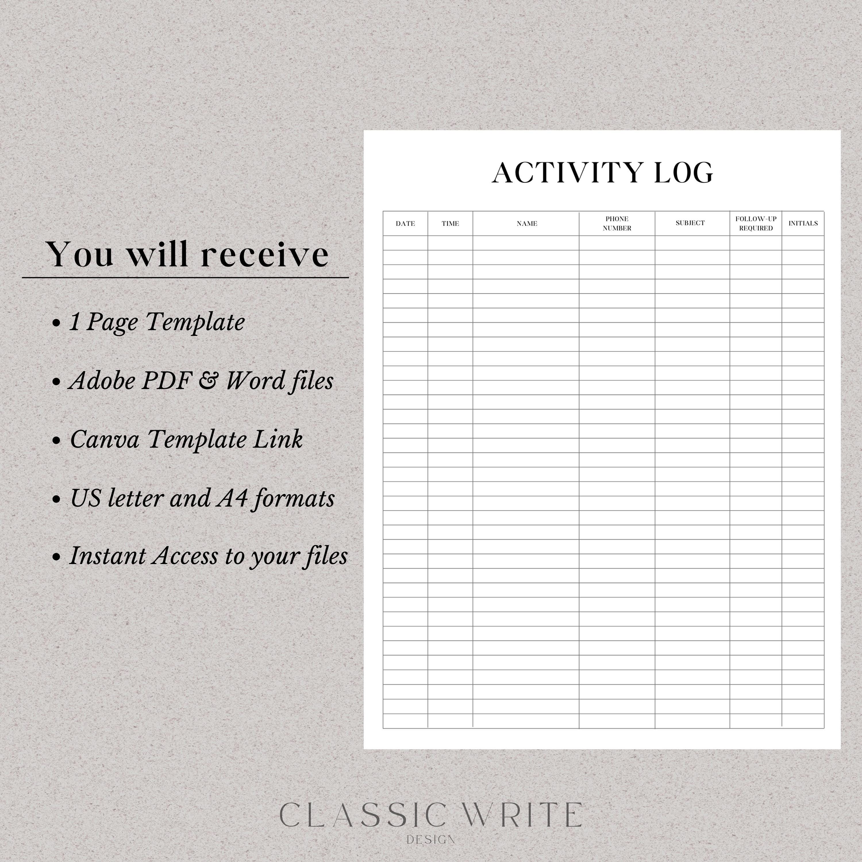 Activity Log Activity Phone Log Tracker Template Activity and Follow-up ...
