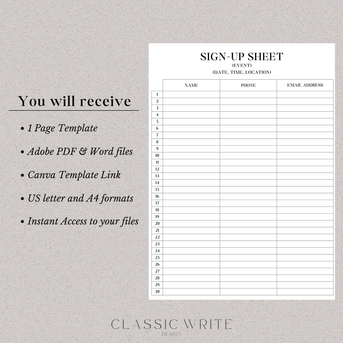 Sign up Sheet Editable PDF WORD DOCS Sign up Template Event Sign up ...