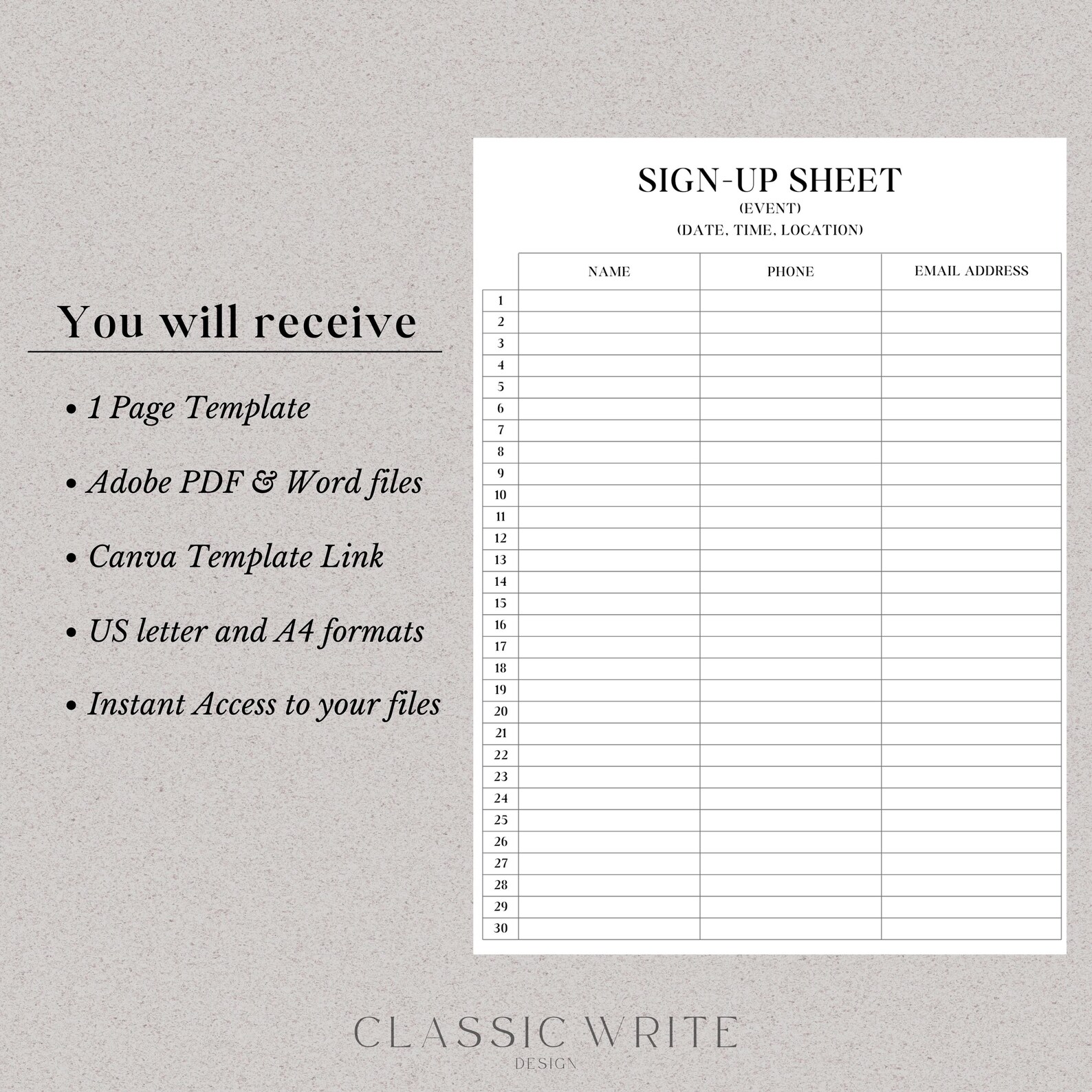 Sign up Sheet Editable PDF WORD DOCS Sign up Template Event Sign up ...