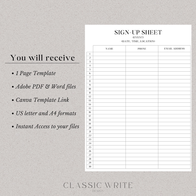 Sign up Sheet Editable PDF WORD DOCS Sign up Template Event Sign up ...