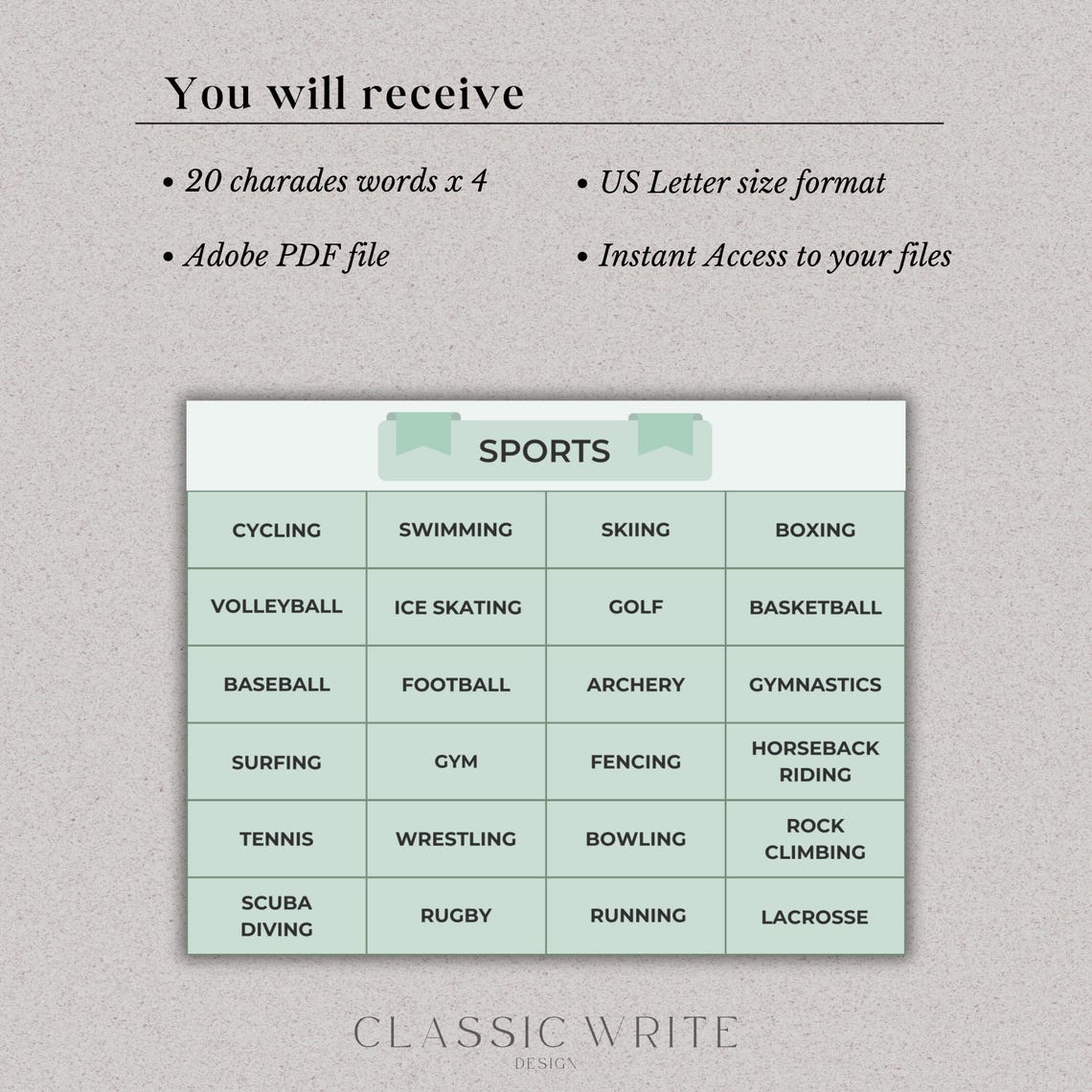 Printable Charades Set 80 Words Careers Movies Animals Sports Family ...