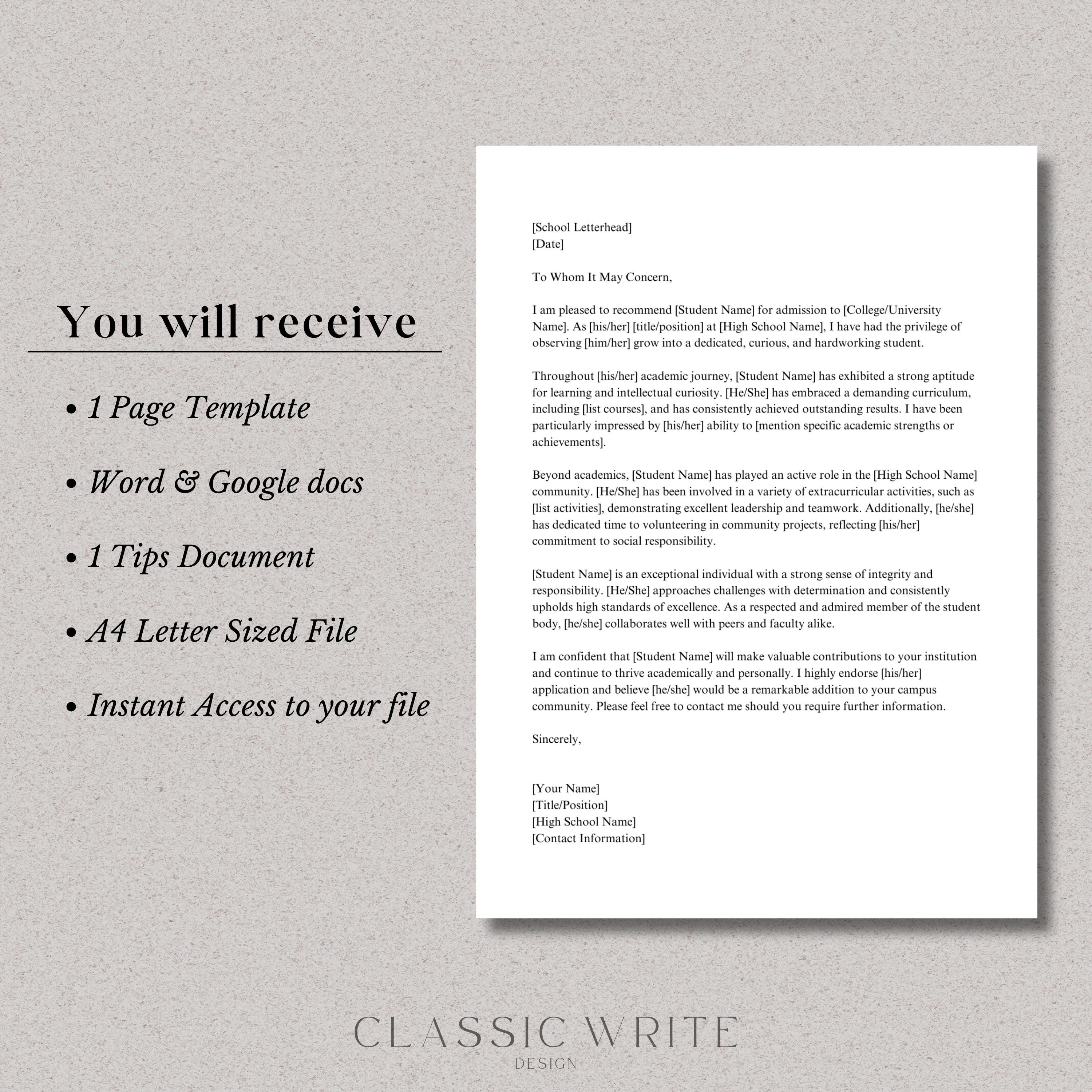 College Recommendation Letter Template Admission Scholarship Teacher ...