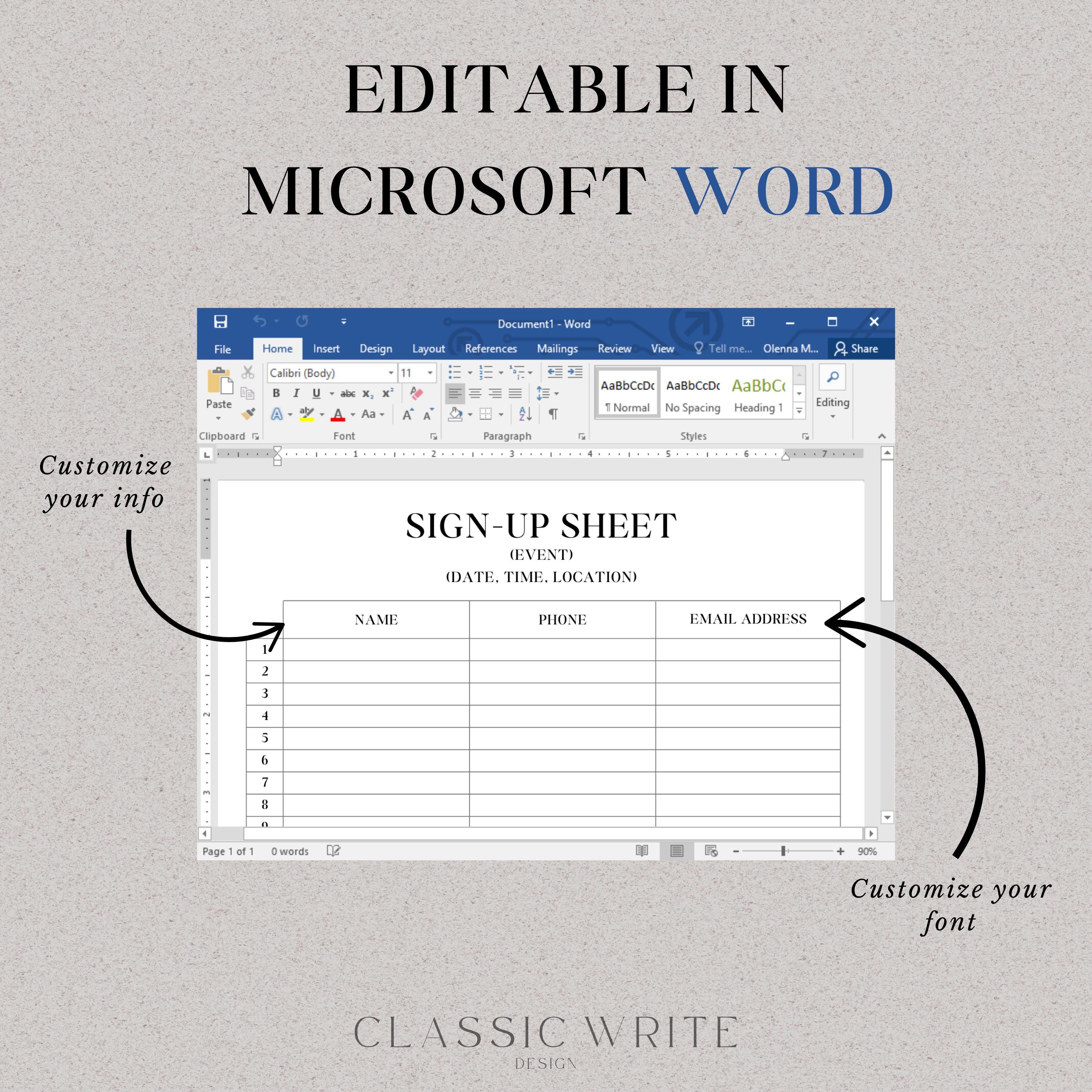 Sign up Sheet Editable PDF WORD DOCS Sign up Template Event Sign up ...