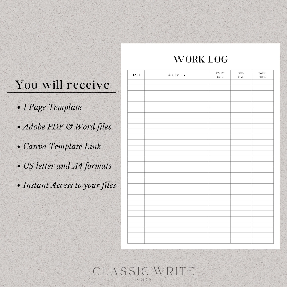 Work Log Printable Time Log Time Tracker Working Hours Log Activity ...